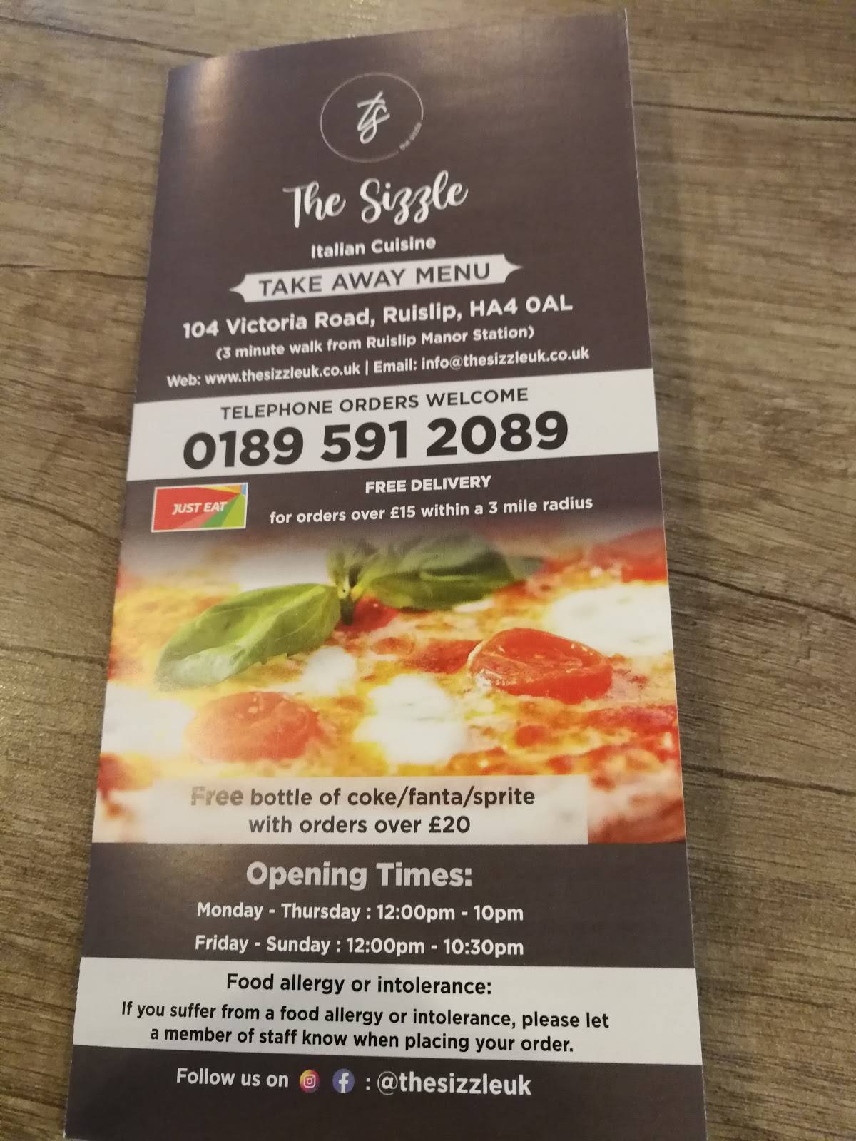 Menu at The Sizzle restaurant, Ruislip