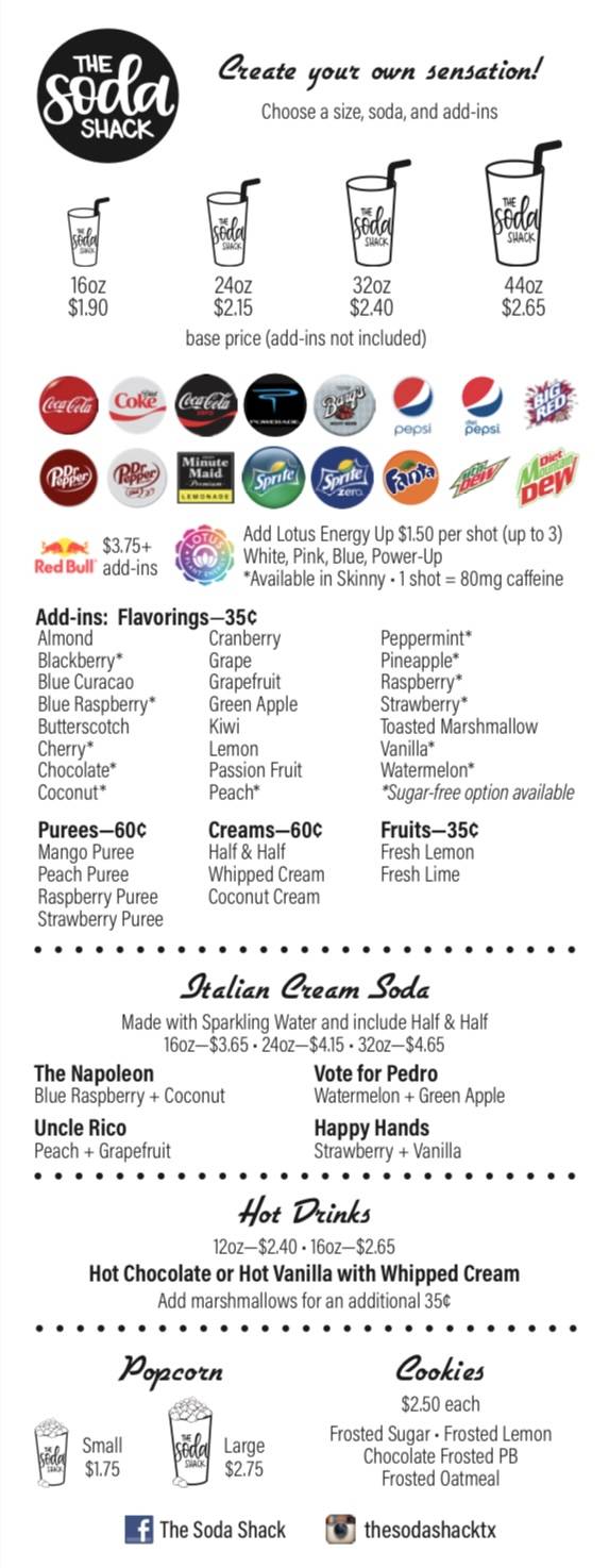 Menu at The Soda Shack restaurant, Lubbock, 82nd St