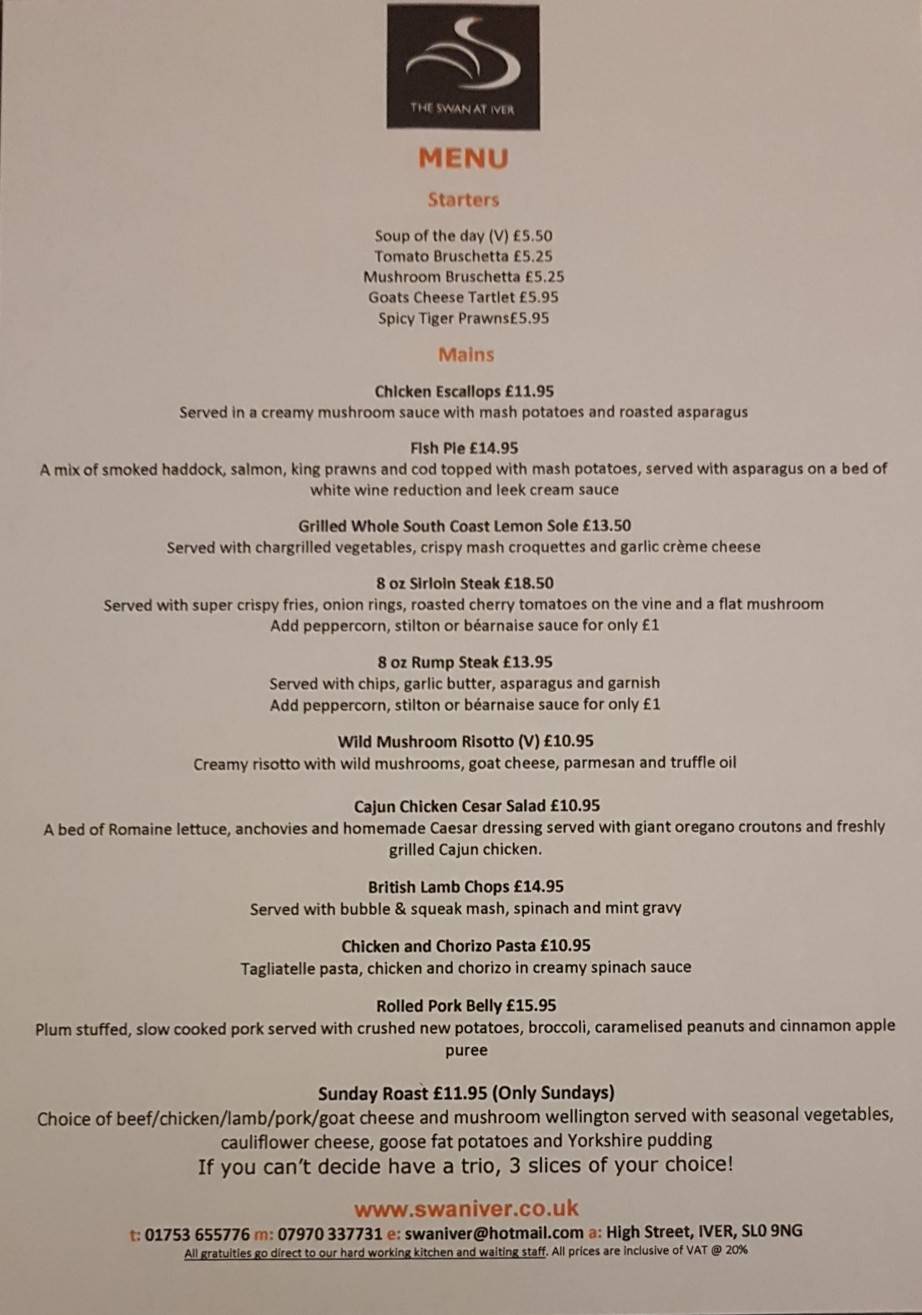 Menu at The Swan at Iver pub & bar, Iver