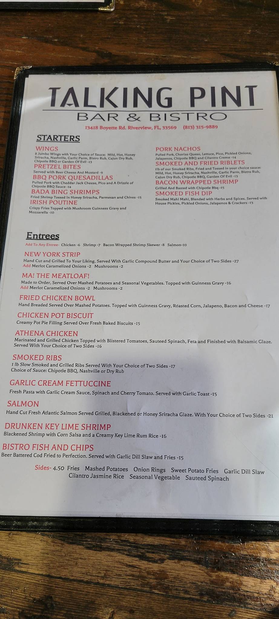Menu at The Talking Pint Bar & Bistro, Brandon