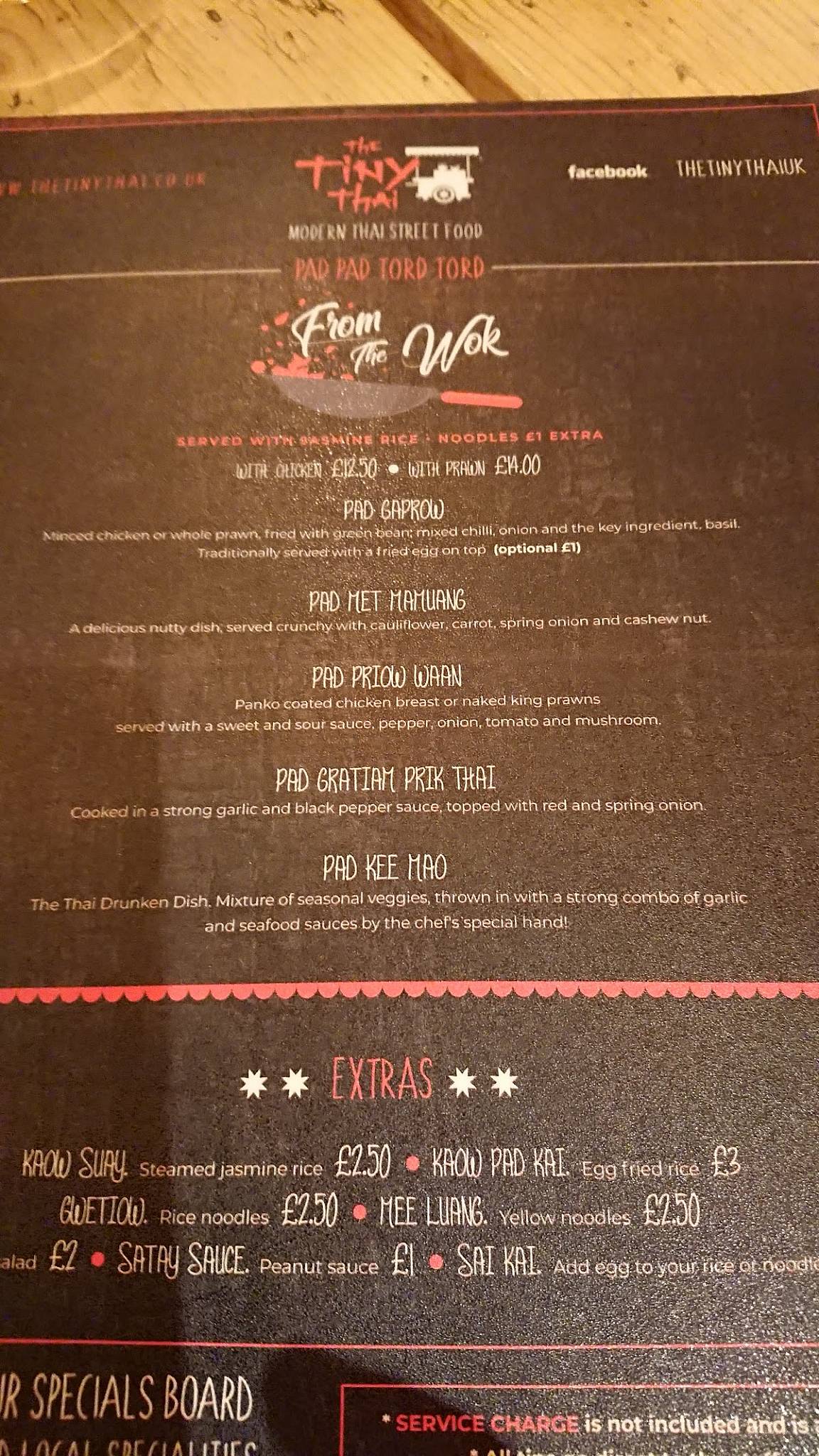 Menu at The Tiny Thai restaurant, Wadebridge