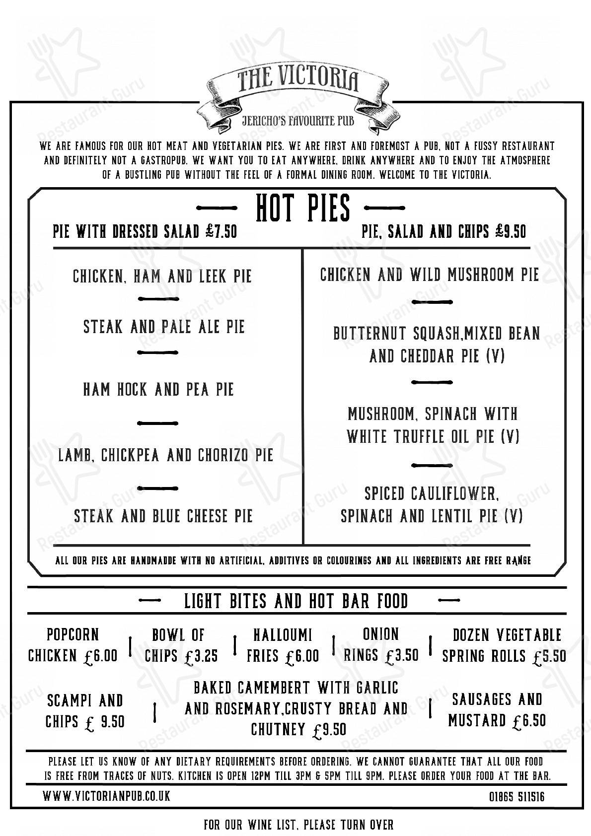 Menu at The Victoria pub & bar, Oxford