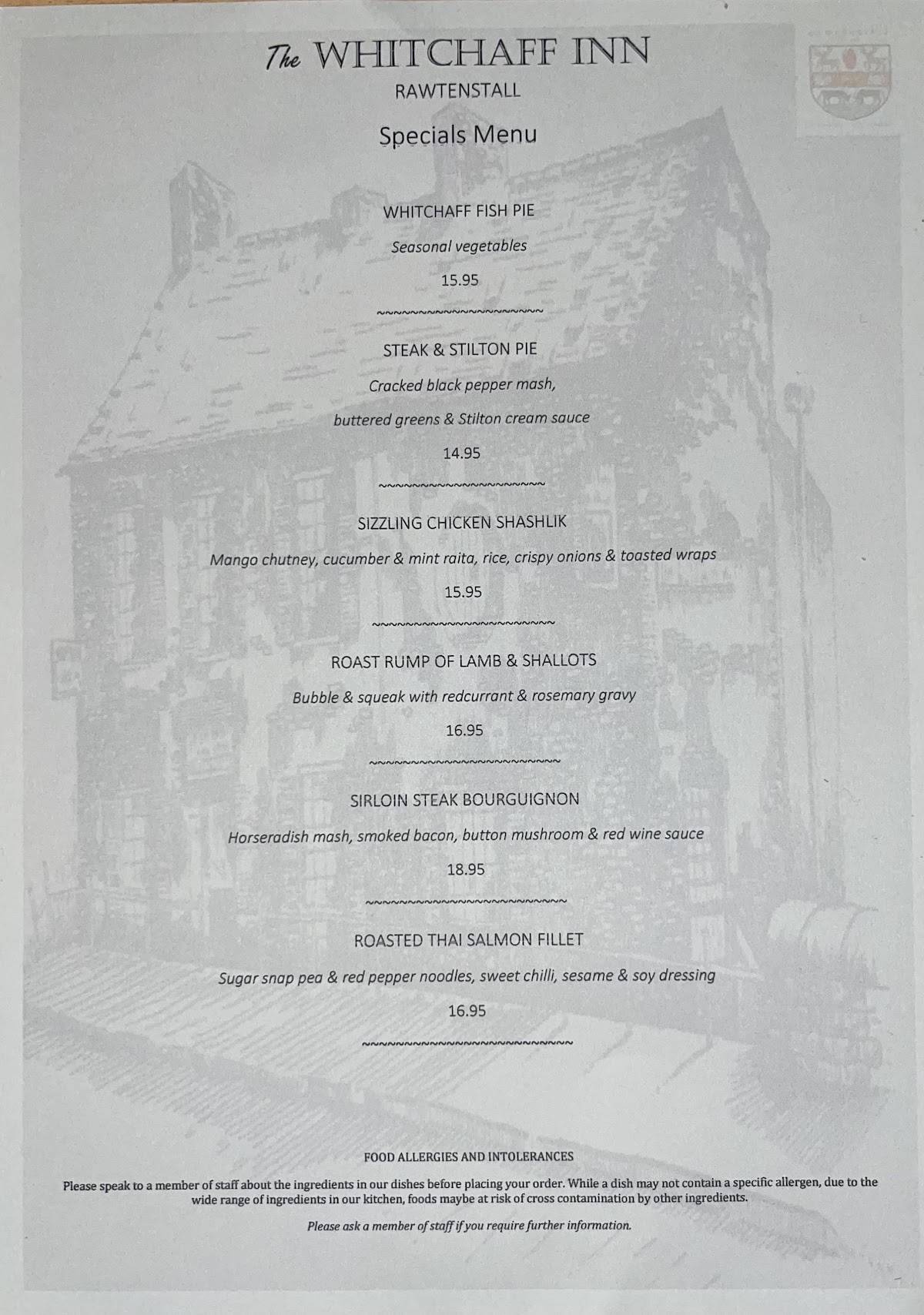 Menu at The Whitchaff Inn pub & bar, Rawtenstall