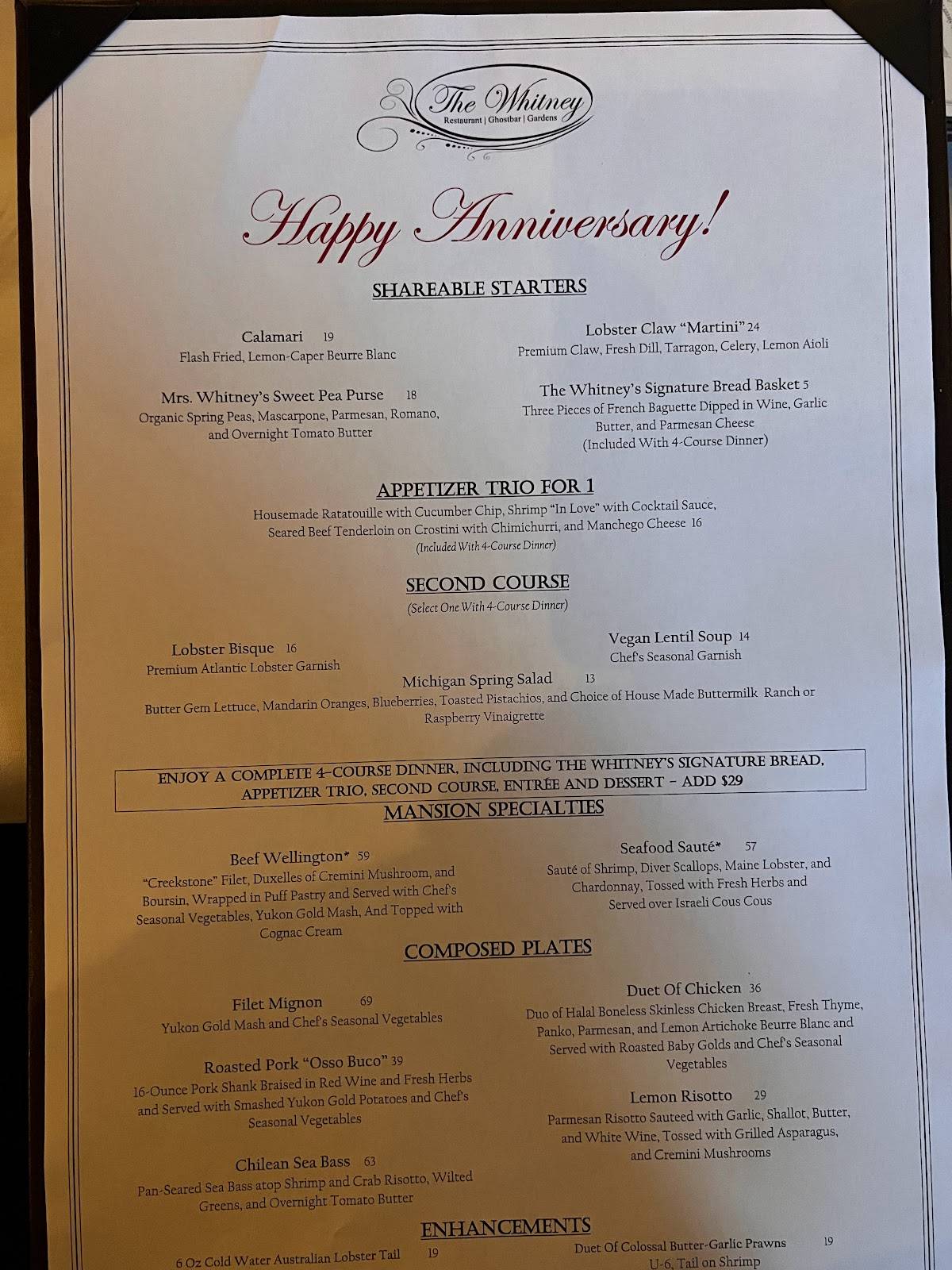 Menu at The Whitney pub & bar, Detroit