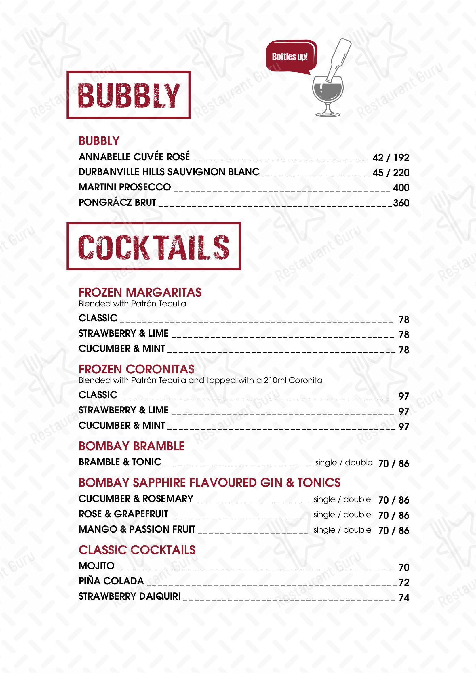Menu at The Wolf House restaurant, Cape Town