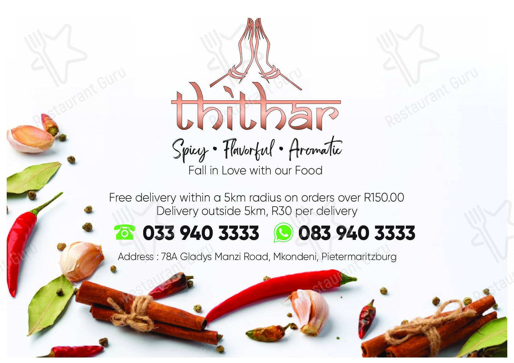Menu at Thithar restaurant, Pietermaritzburg