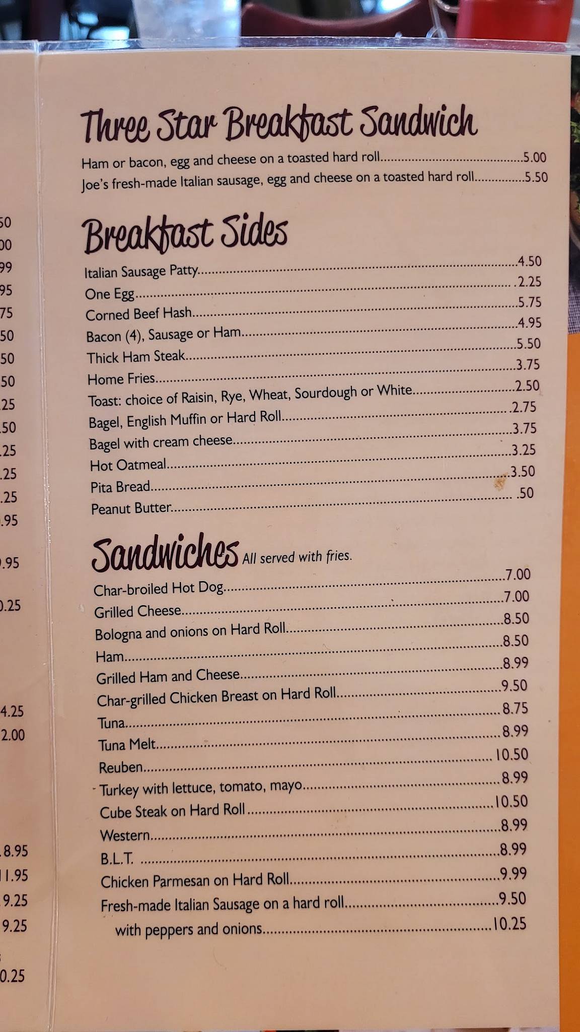 Menu at Three Star Family Restaurant, North Collins, Main St