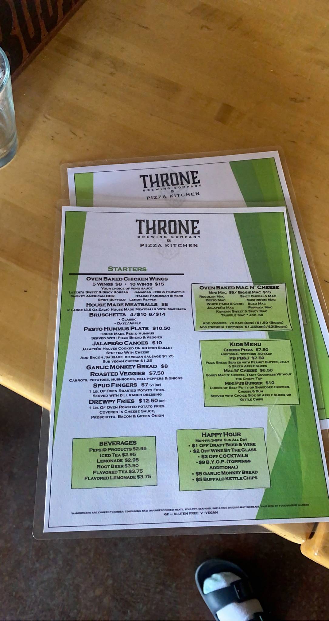 Carta de pizzería Throne Brewing & Pizza Kitchen, Phoenix