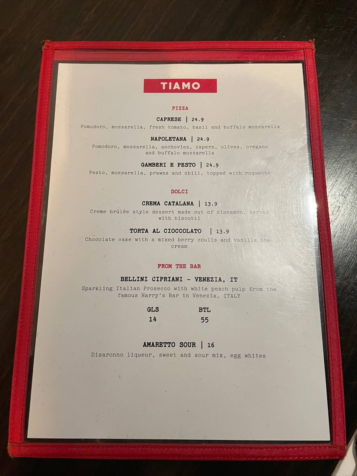 Menu at Tiamo restaurant, Carlton