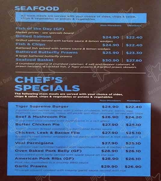 Menu at The Tigers Clubhouse, Hoppers Crossing