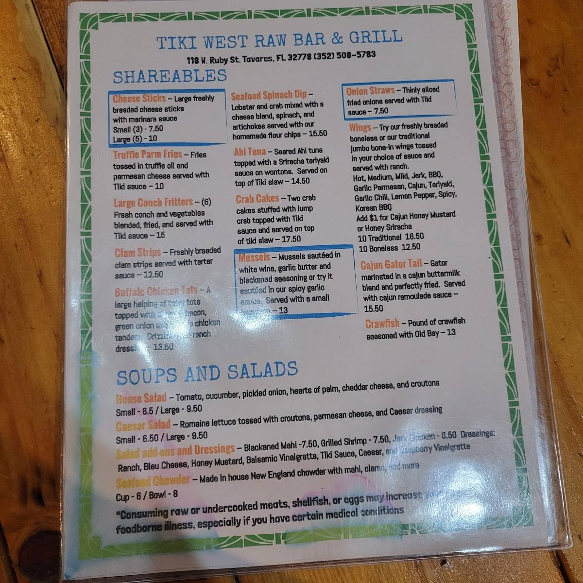 Menu at Tiki West Raw Bar and Grill, Tavares