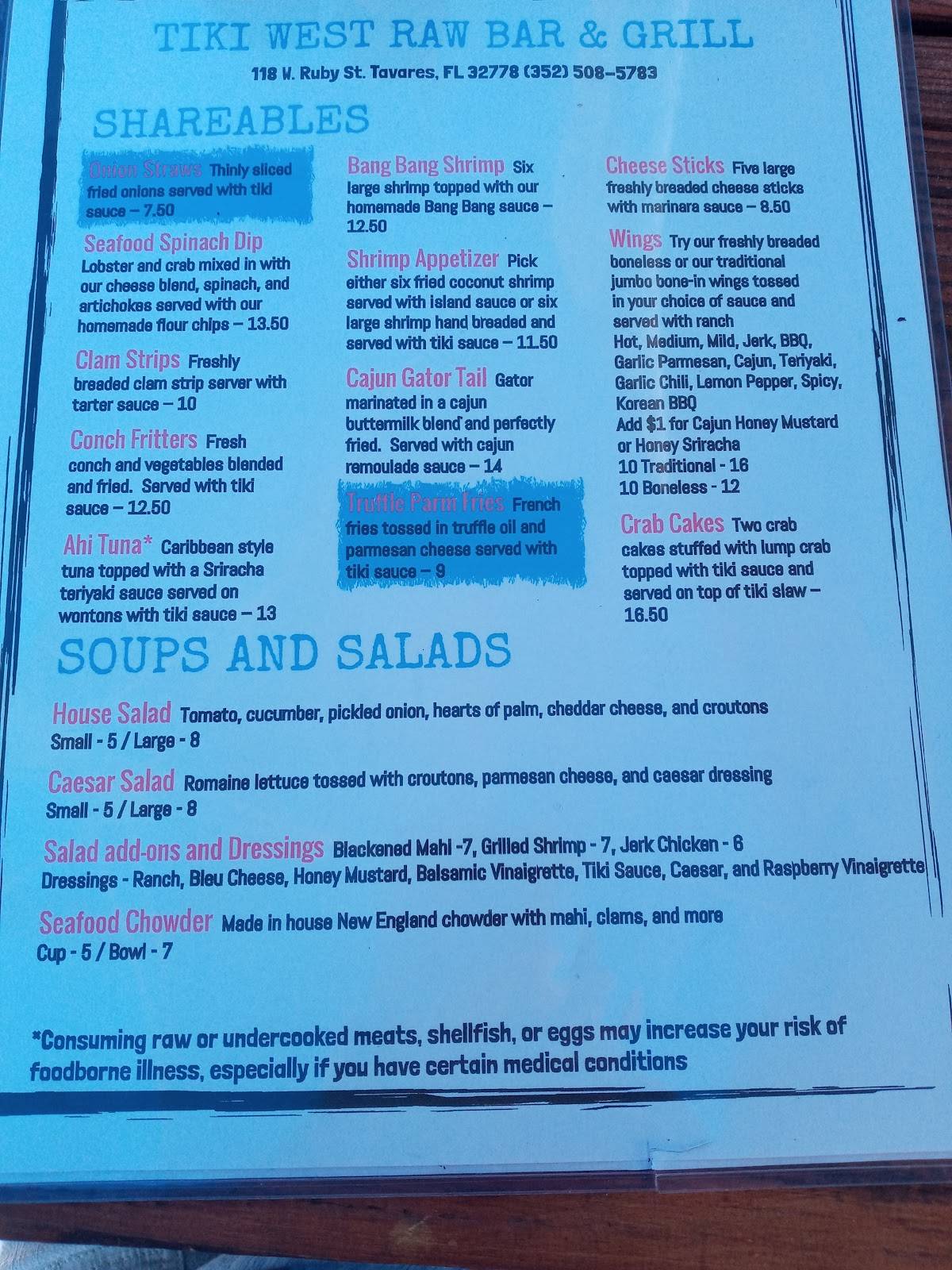 Menu at Tiki West Raw Bar and Grill, Tavares