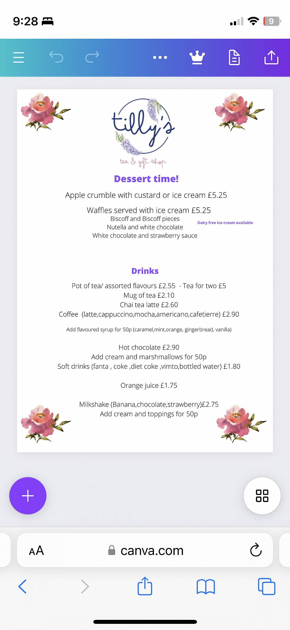Menu at Tilly's Tea & Gift Shop cafe, Metheringham