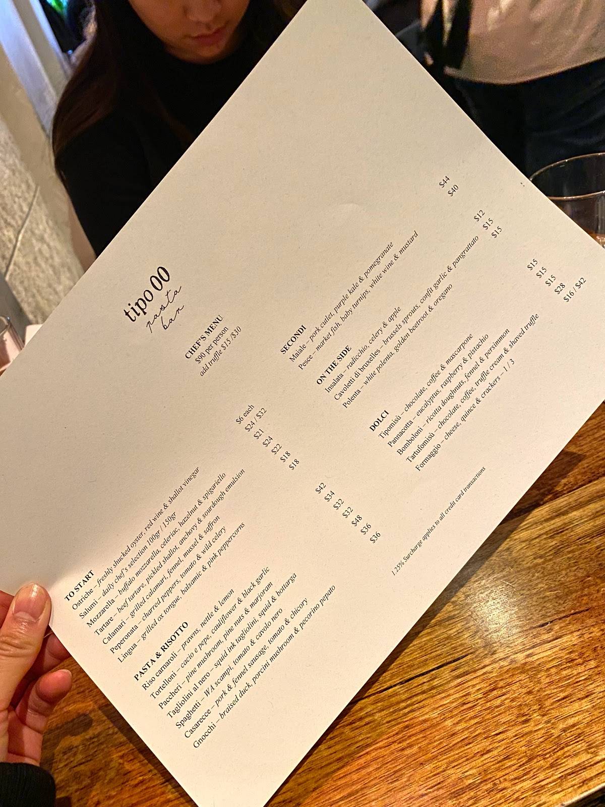 Menu at Tipo 00 restaurant, Melbourne