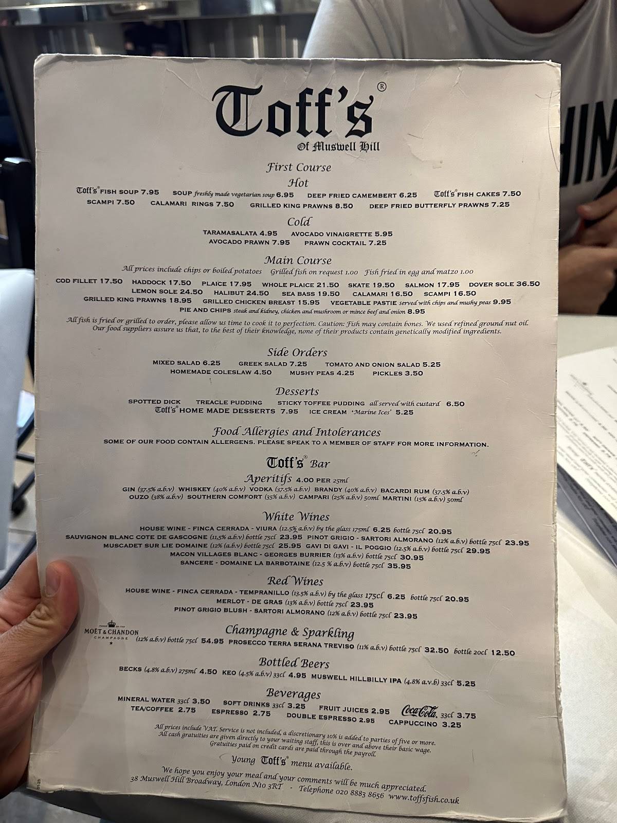 Menu at Toff’s of Muswell Hill restaurant, London