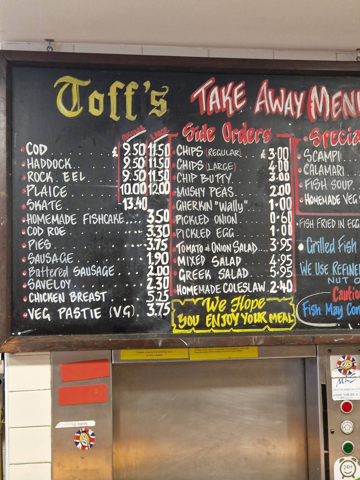Menu at Toff’s of Muswell Hill restaurant, London