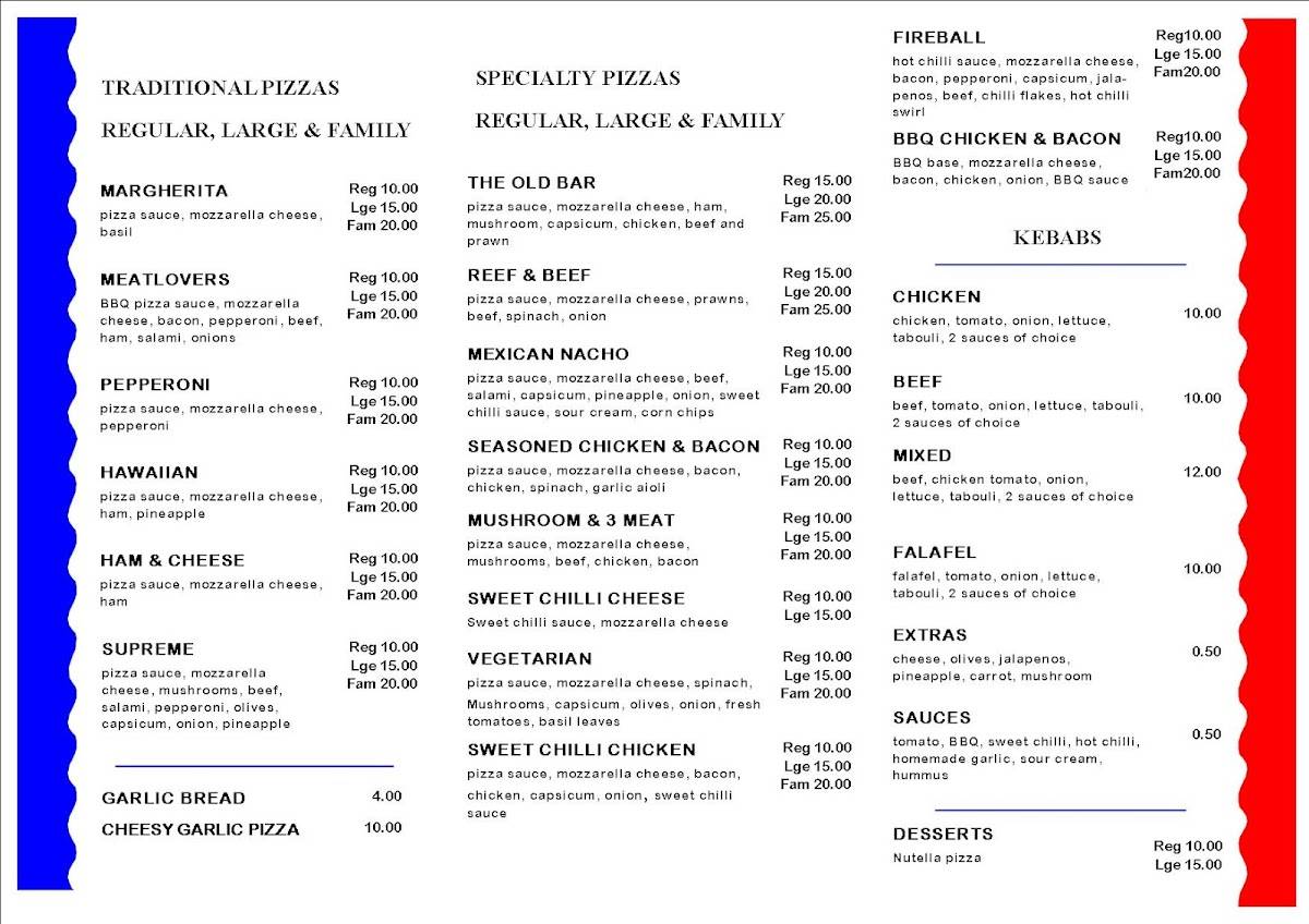 Menu at Top of the Bar Pizza and Kebab, Old Bar, Shop 1/43 Old Bar Rd
