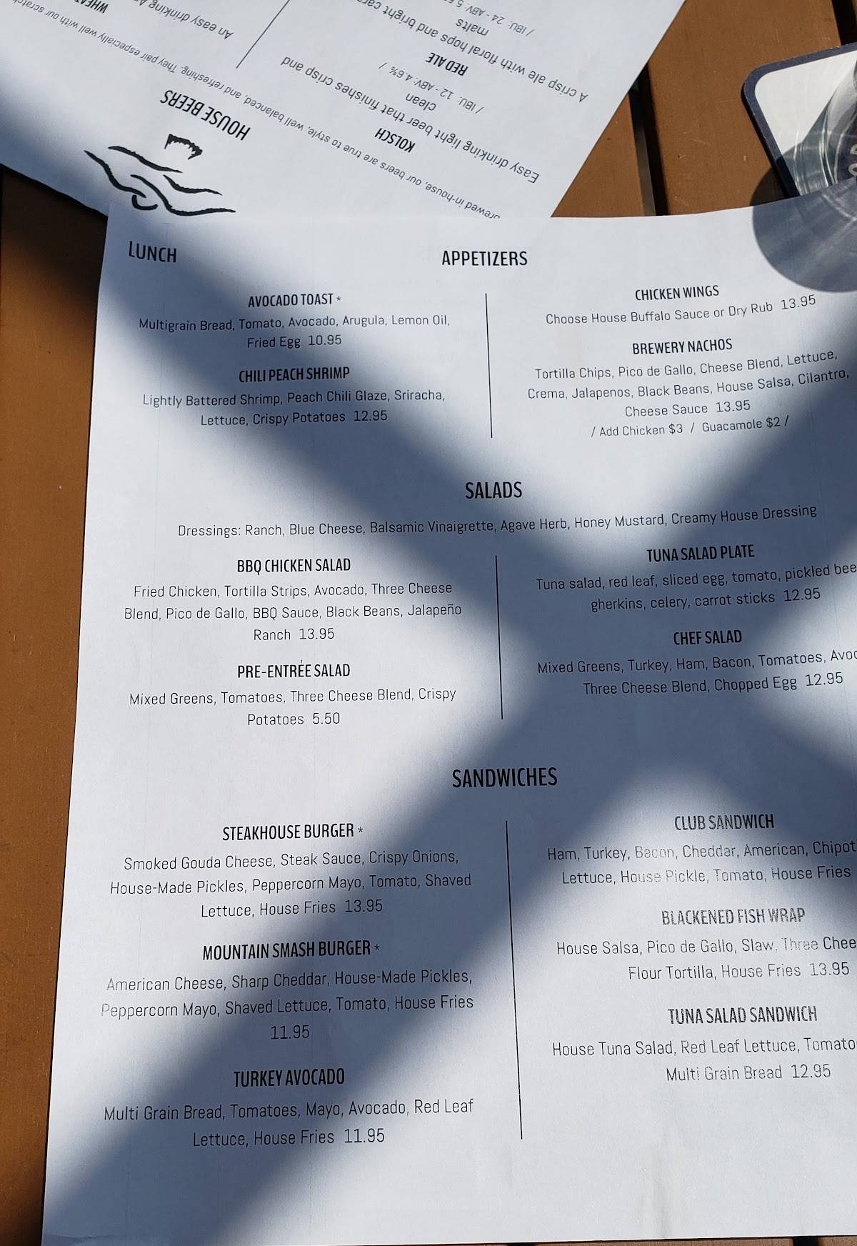 Menu at Top of the Rock Restaurant and Brewery, Jasper