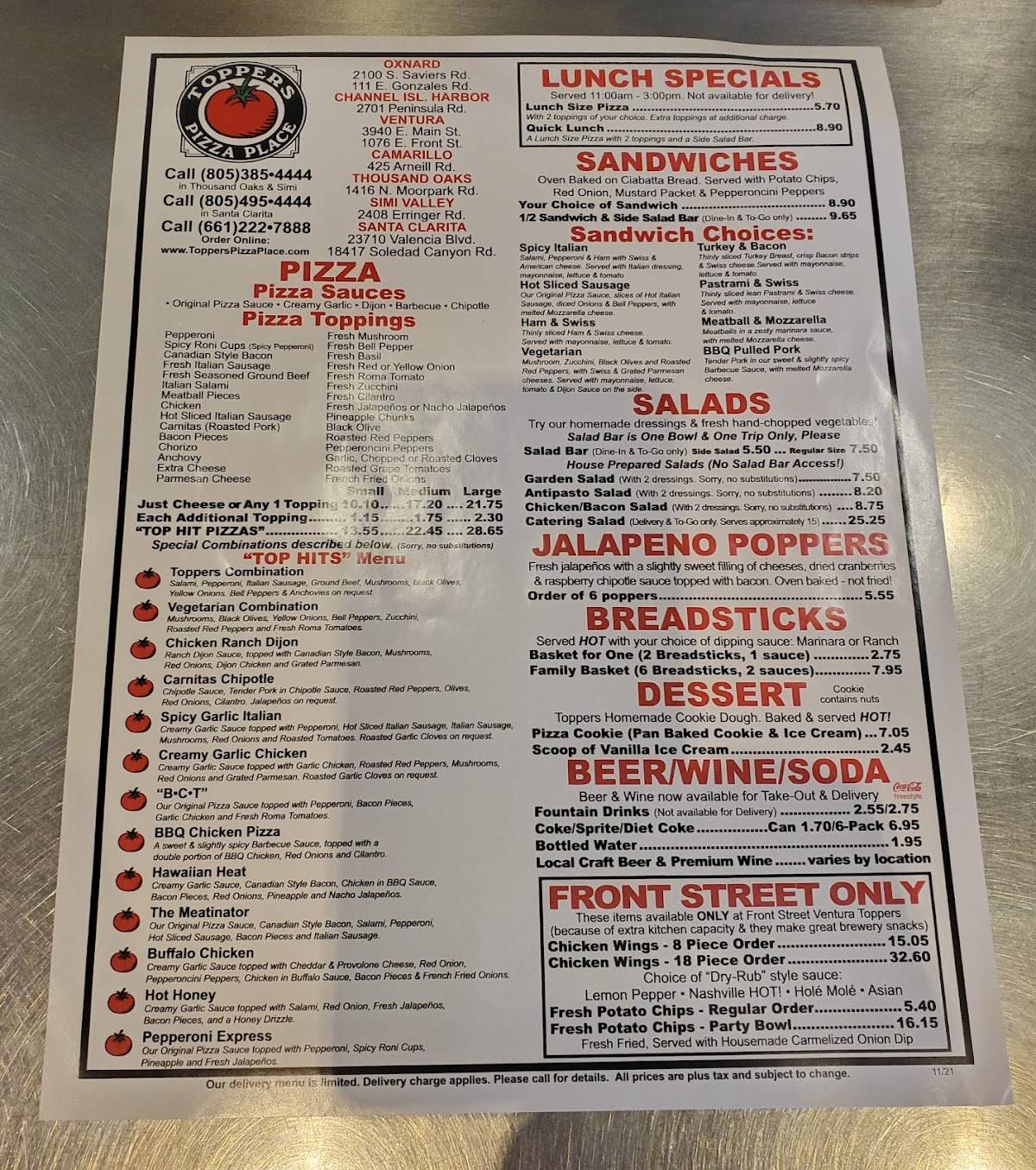 Menu at Toppers Pizza pizzeria, Simi Valley