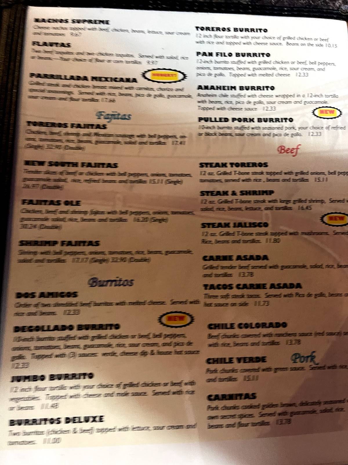 Menu at Torero's Fine Mexican Food restaurant, Enterprise