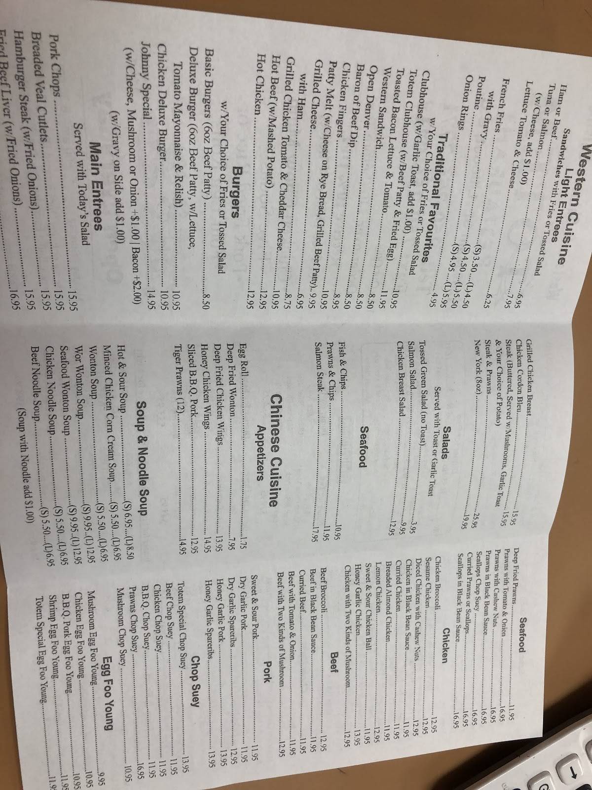 Menu at Totem Chinese Restaurant, Lillooet