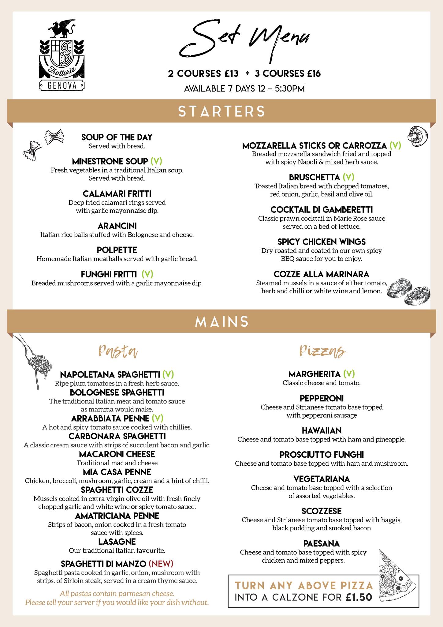 Menu at Trattoria Genova restaurant, Paisley