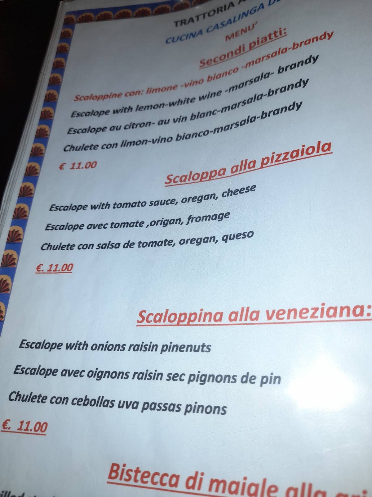 Menu at Trattoria alla Rampa restaurant, Venice, Via Giuseppe Garibaldi