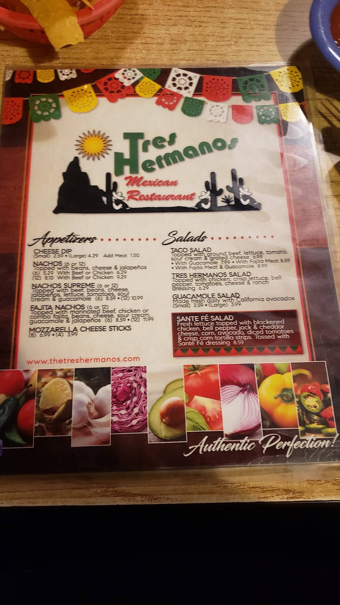 Menu at Tres Hermanos restaurant, Whitney