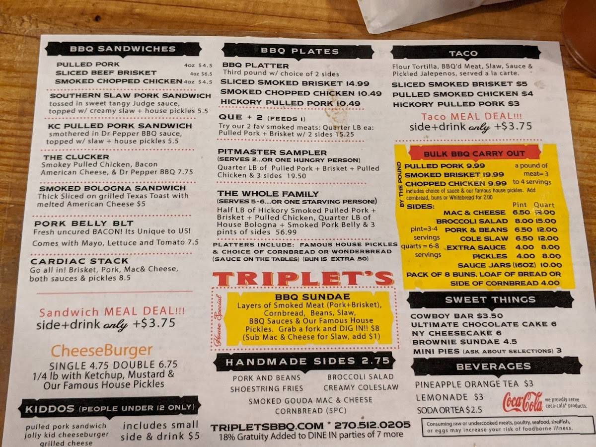 Menu at Triplets BBQ, Cadiz