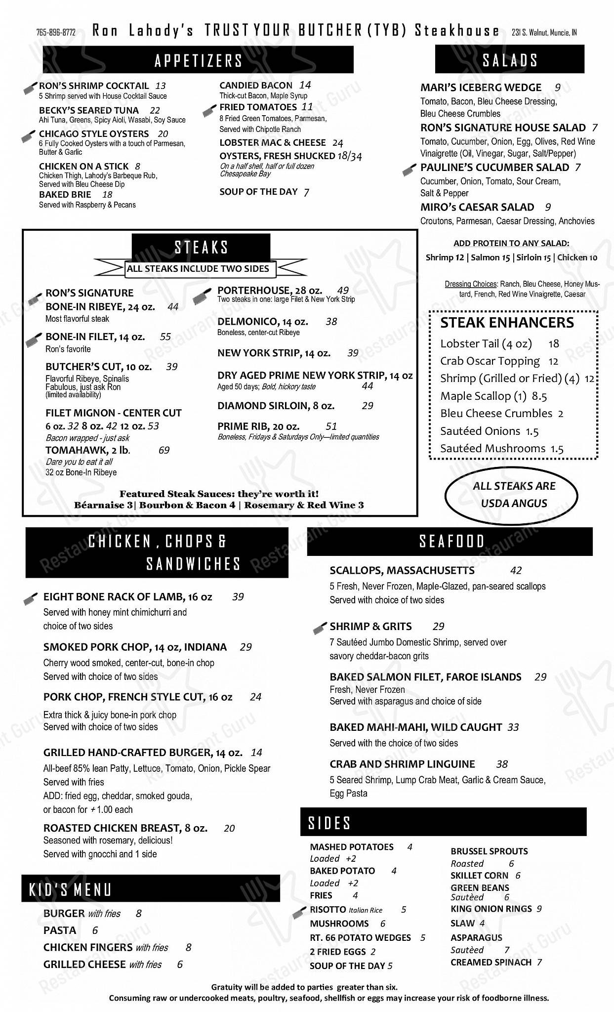 Menu at Ron Lahody's Trust Your Butcher Steakhouse, Muncie