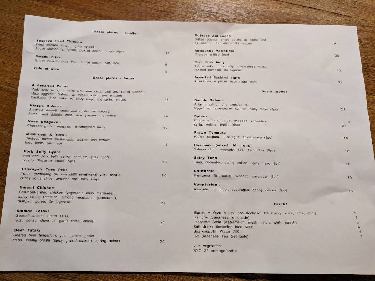 Menu at Tsukaya Restaurant, Mount Hawthorn