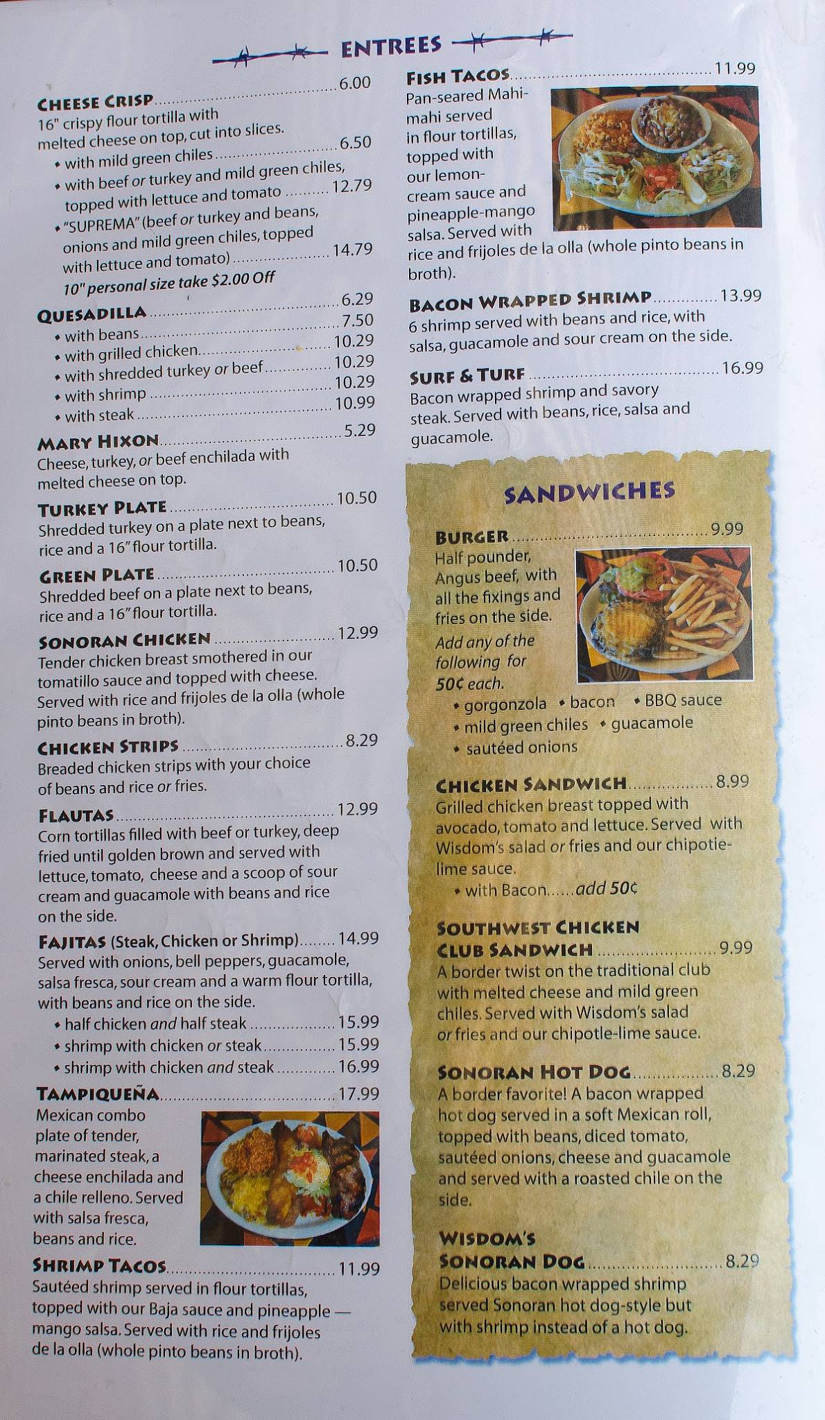 Menu at Wisdom's Cafe, Tumacacori-Carmen