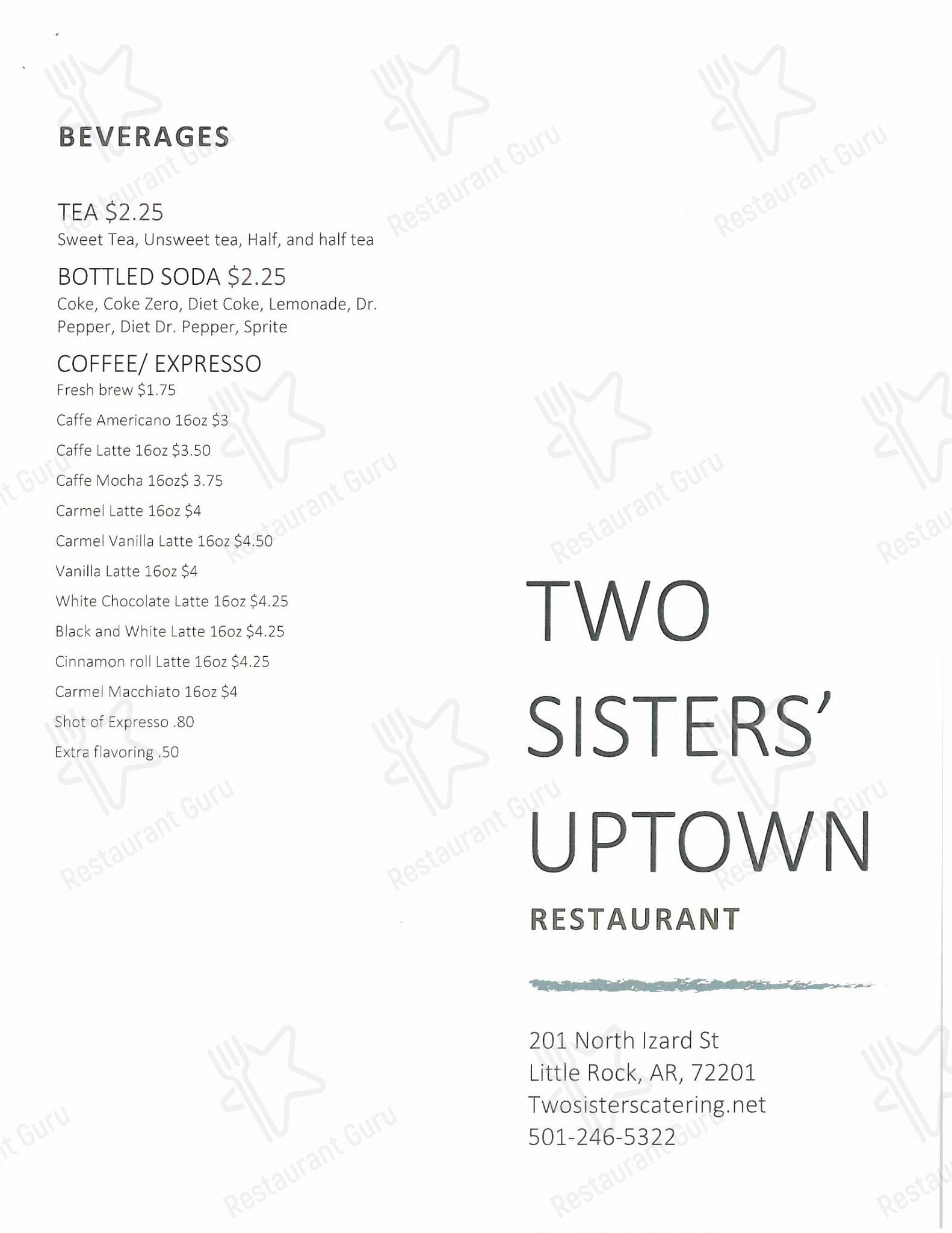 Menu at Two Sisters cafe, Little Rock