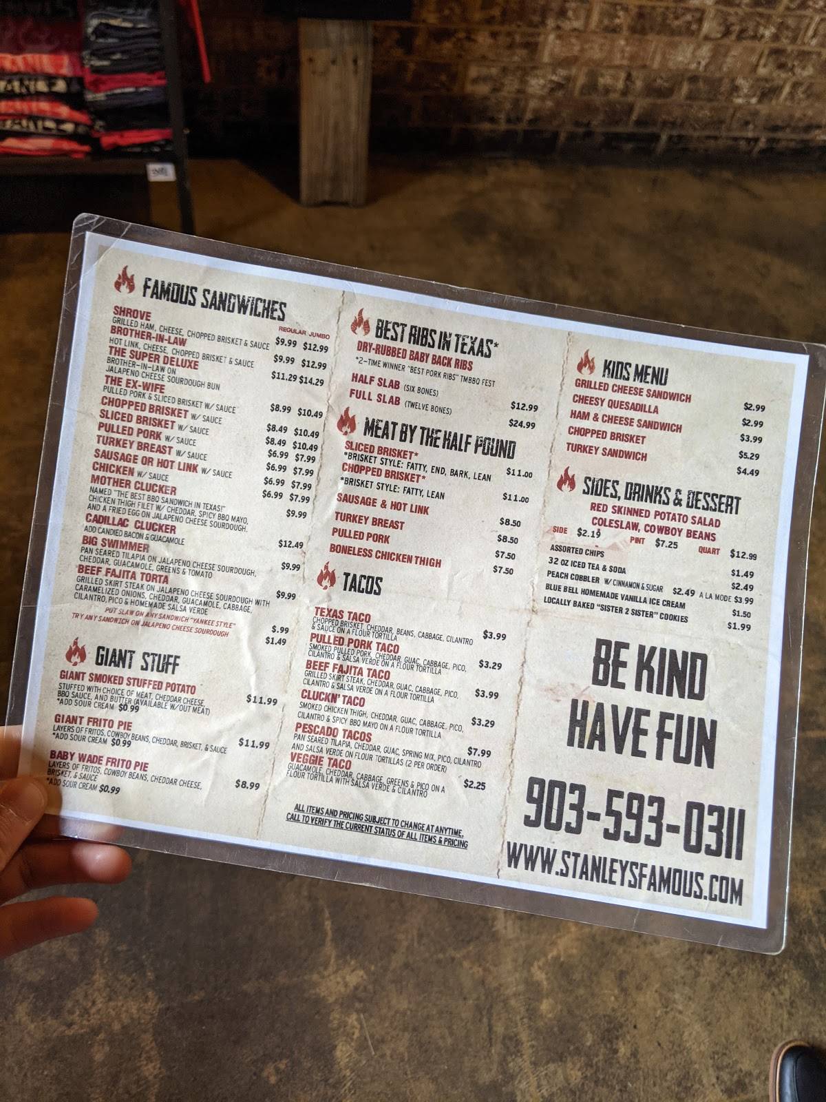 Menu at Stanley's Famous Pit Barbecue, Tyler