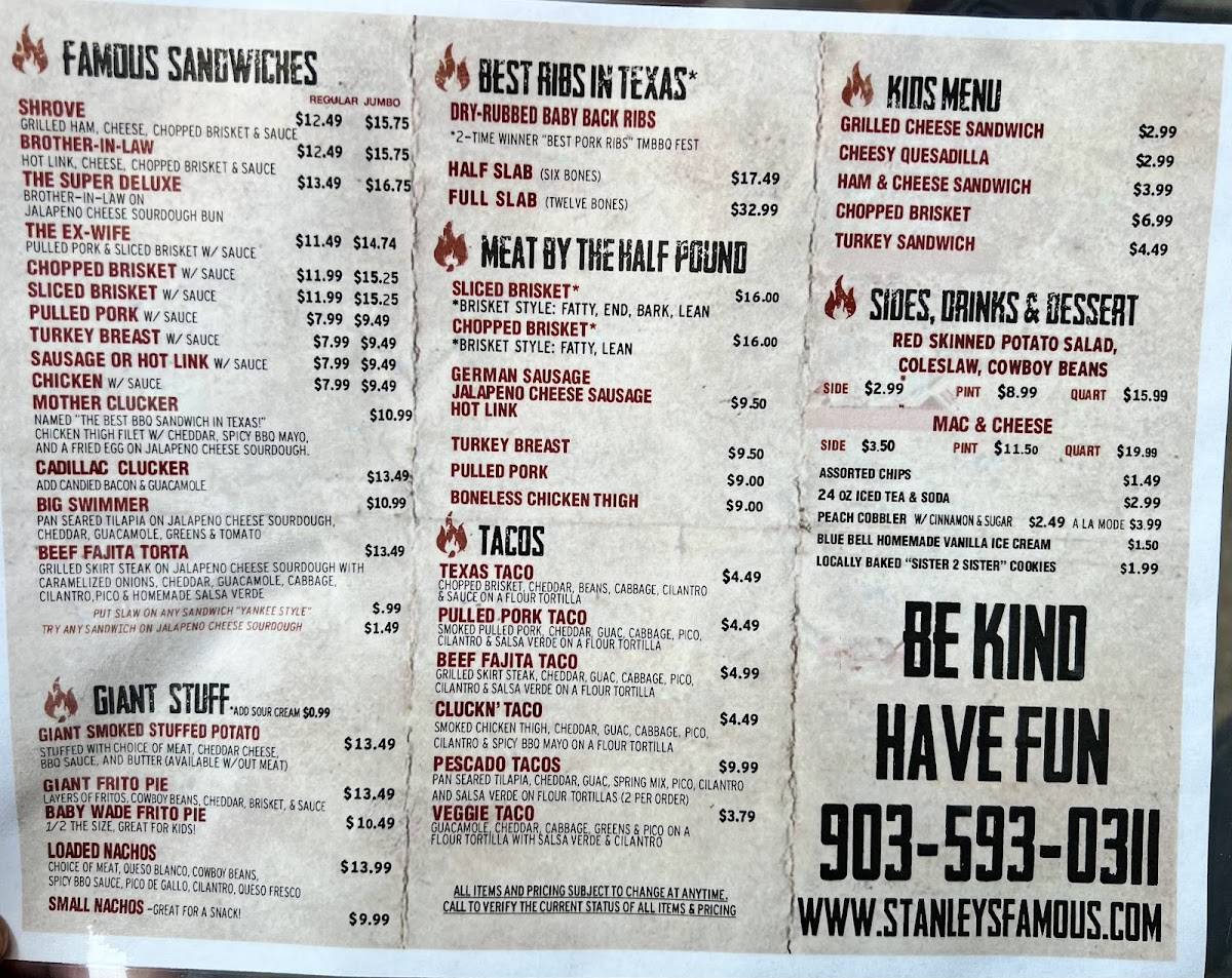 Menu at Stanley's Famous Pit Barbecue, Tyler