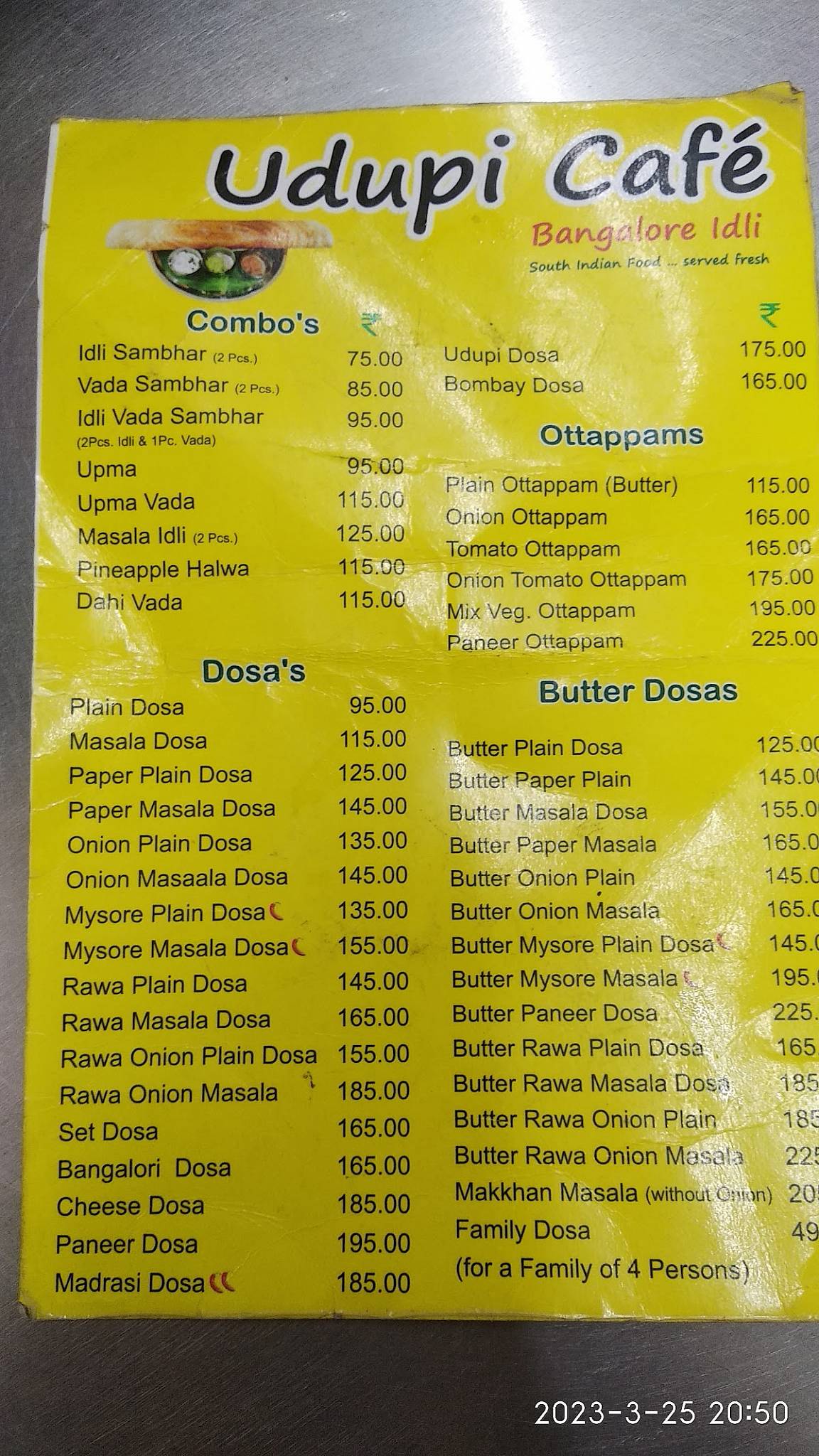 Menu at Udupi Cafe Bangalore Idli, Haridwar