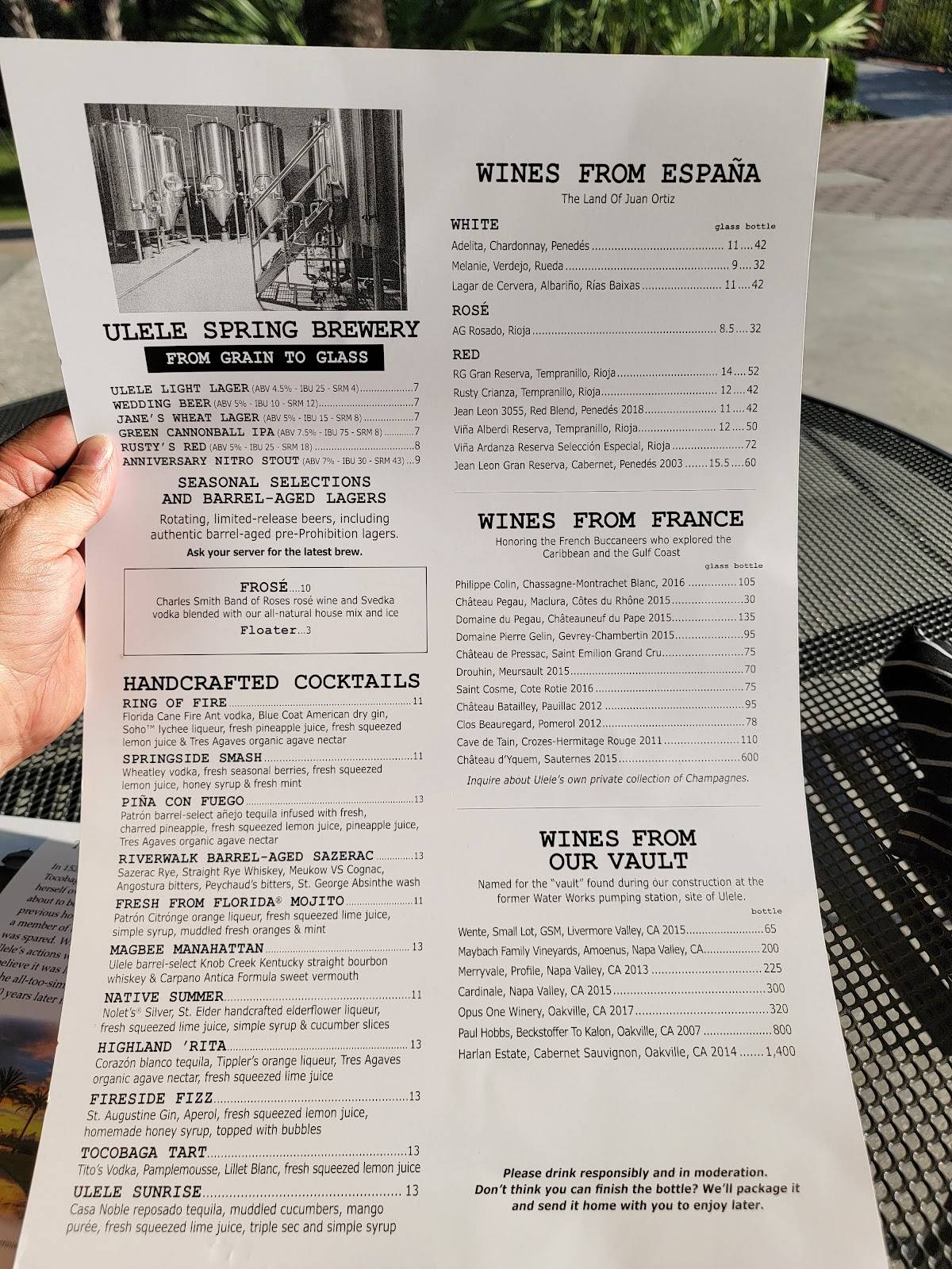 Menu at Ulele restaurant, Tampa, N Highland Ave