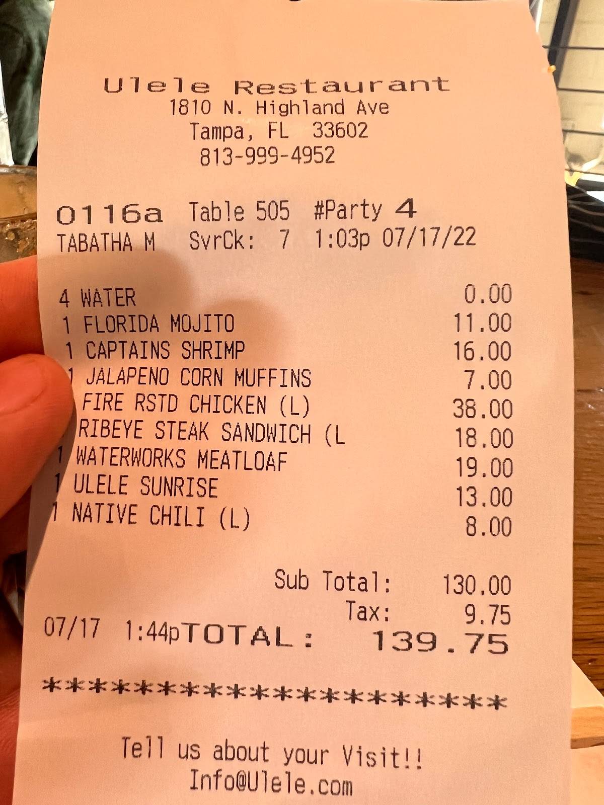 Menu at Ulele restaurant, Tampa, N Highland Ave