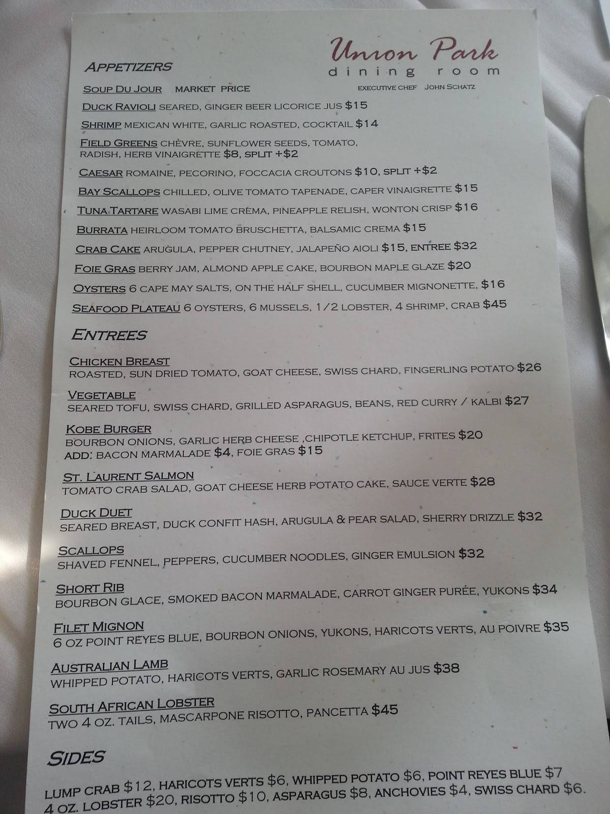Menu at Union Park Dining Room steakhouse, Cape May