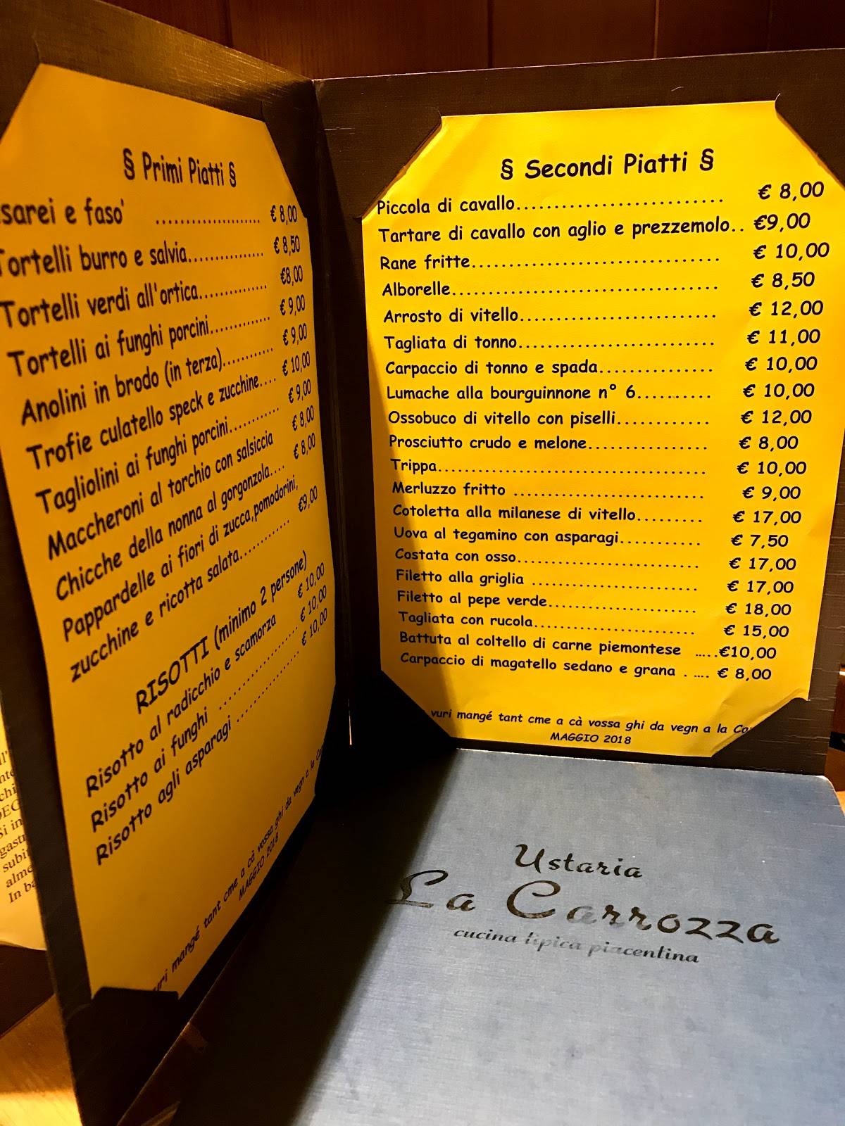 Menu da Ustaria La Carrozza ristorante, Piacenza, Via X Giugno