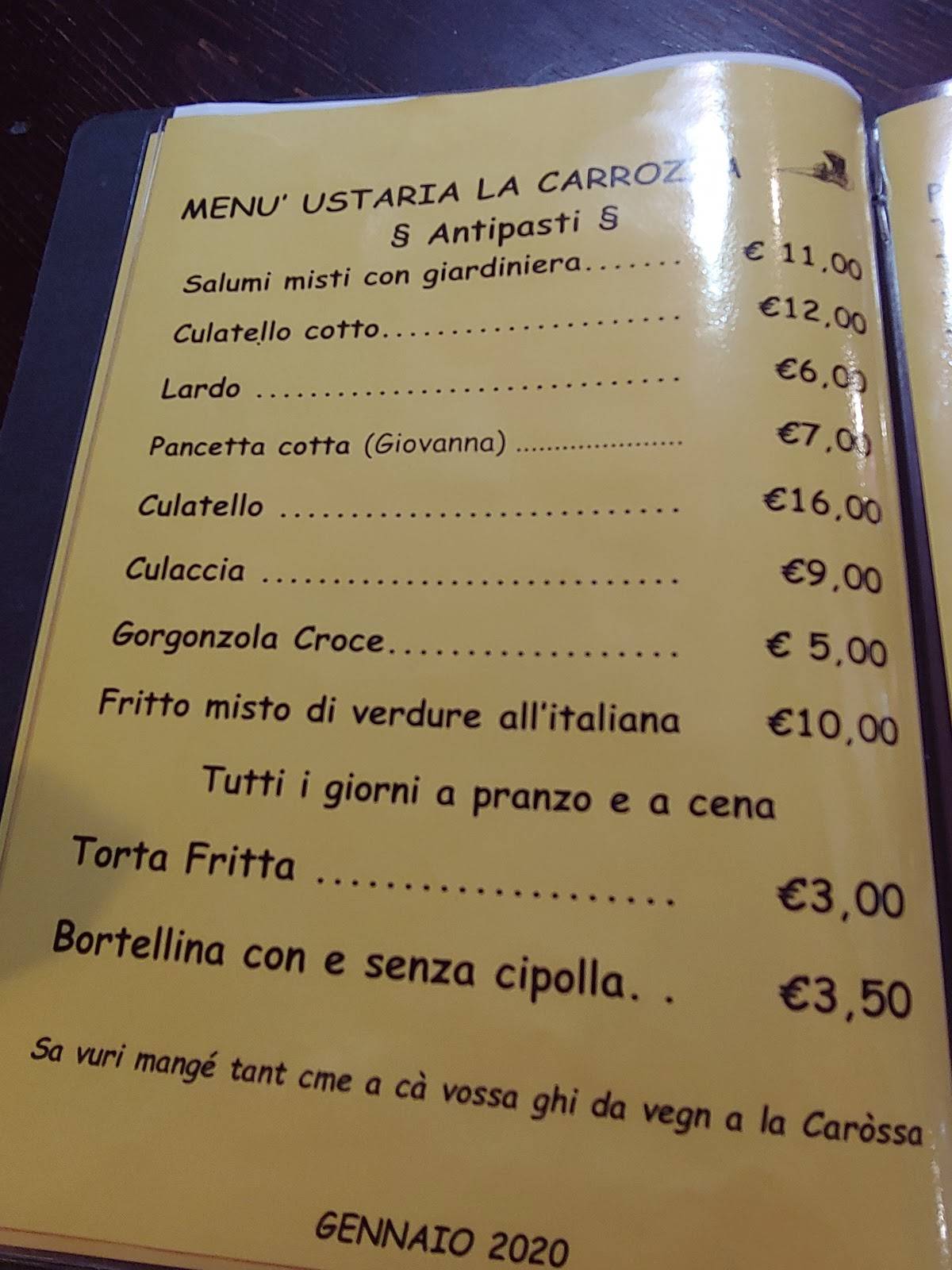 Menu da Ustaria La Carrozza ristorante, Piacenza, Via X Giugno