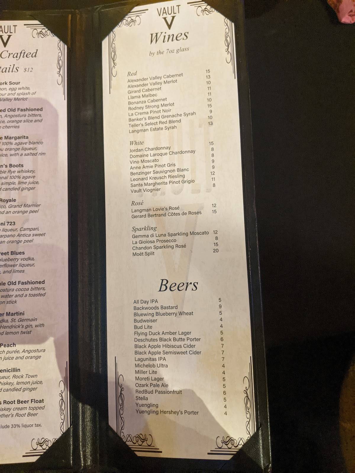 Menu at VAULT restaurant, Hot Springs, 723 Central Ave #100
