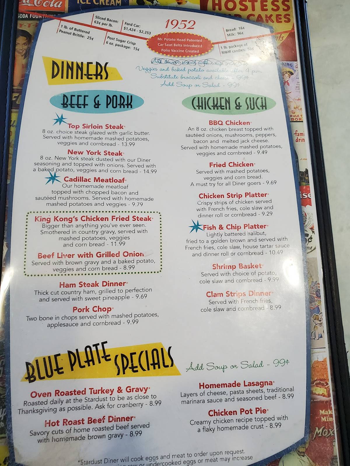Menu at Stardust Diner cafe, Vancouver