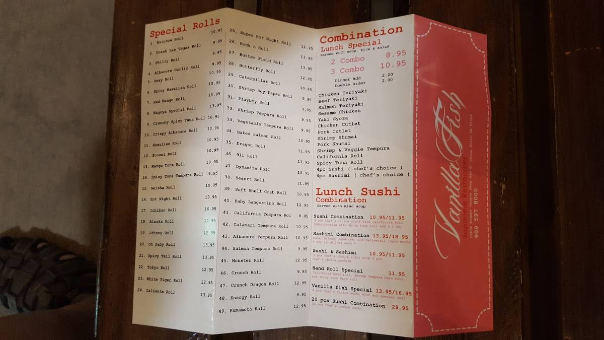 Menu at Vanilla Fish restaurant, Chino Hills