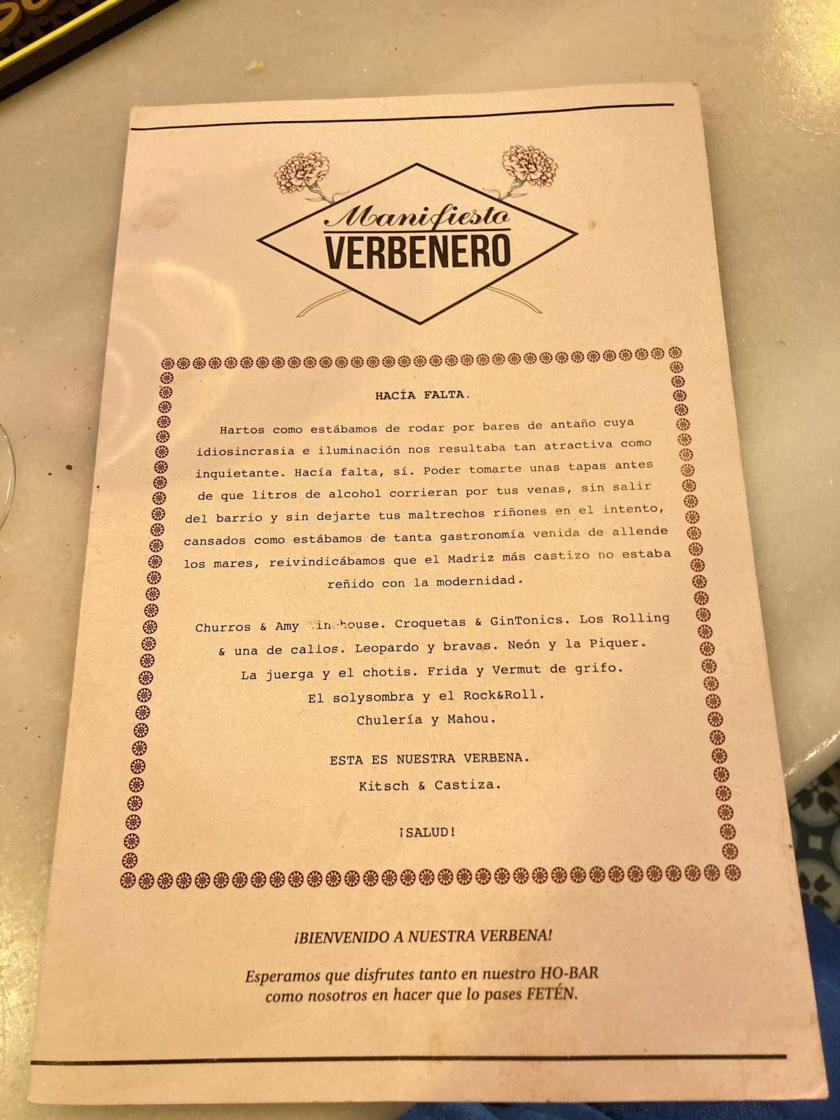 Carta de Verbena Bar, Madrid