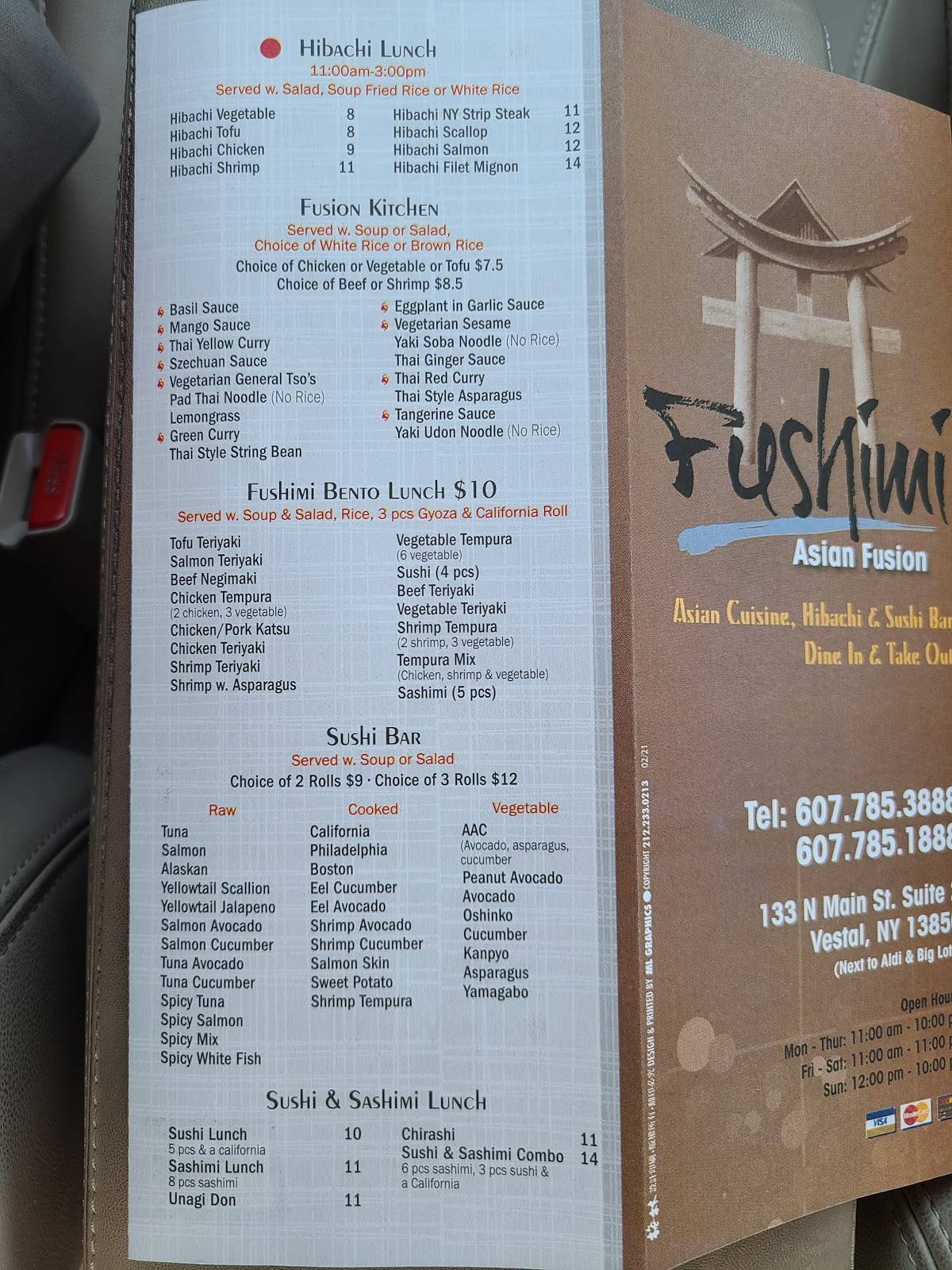 Menu at Fushimi Asian Fusion restaurant, Vestal