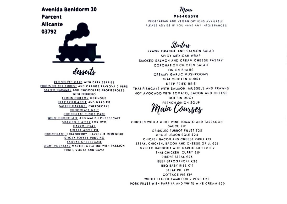 Menu at Victoria Station restaurant, Parcent