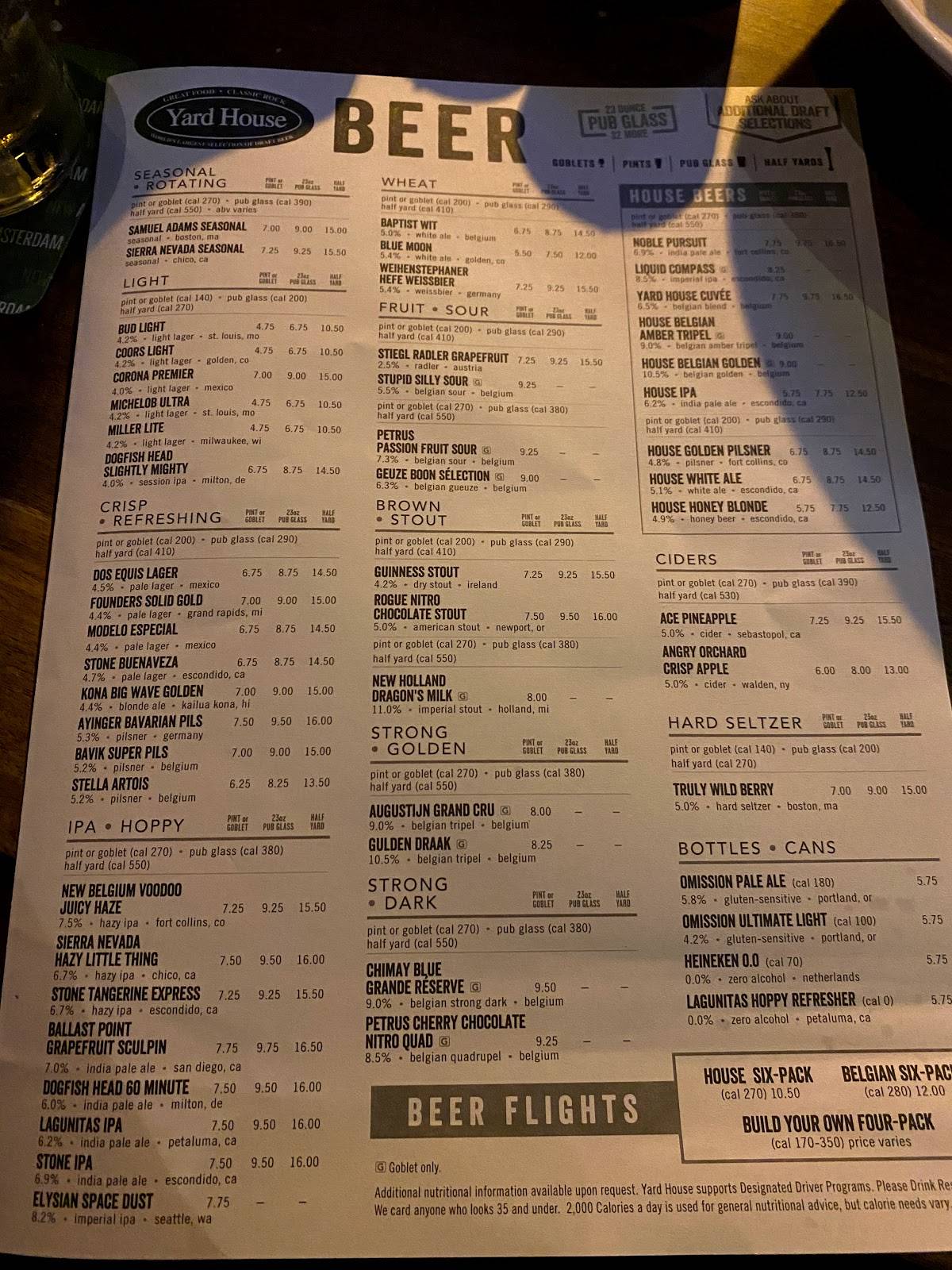 Menu at Yard House pub & bar, Virginia Beach