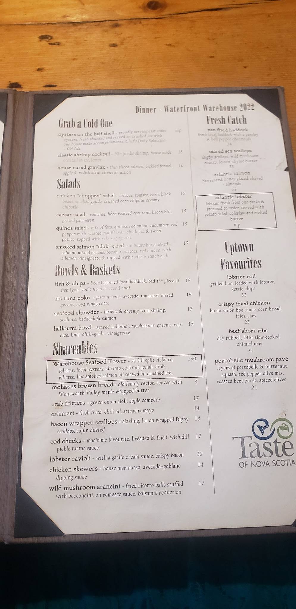 Menu at Waterfront Warehouse pub & bar, Halifax