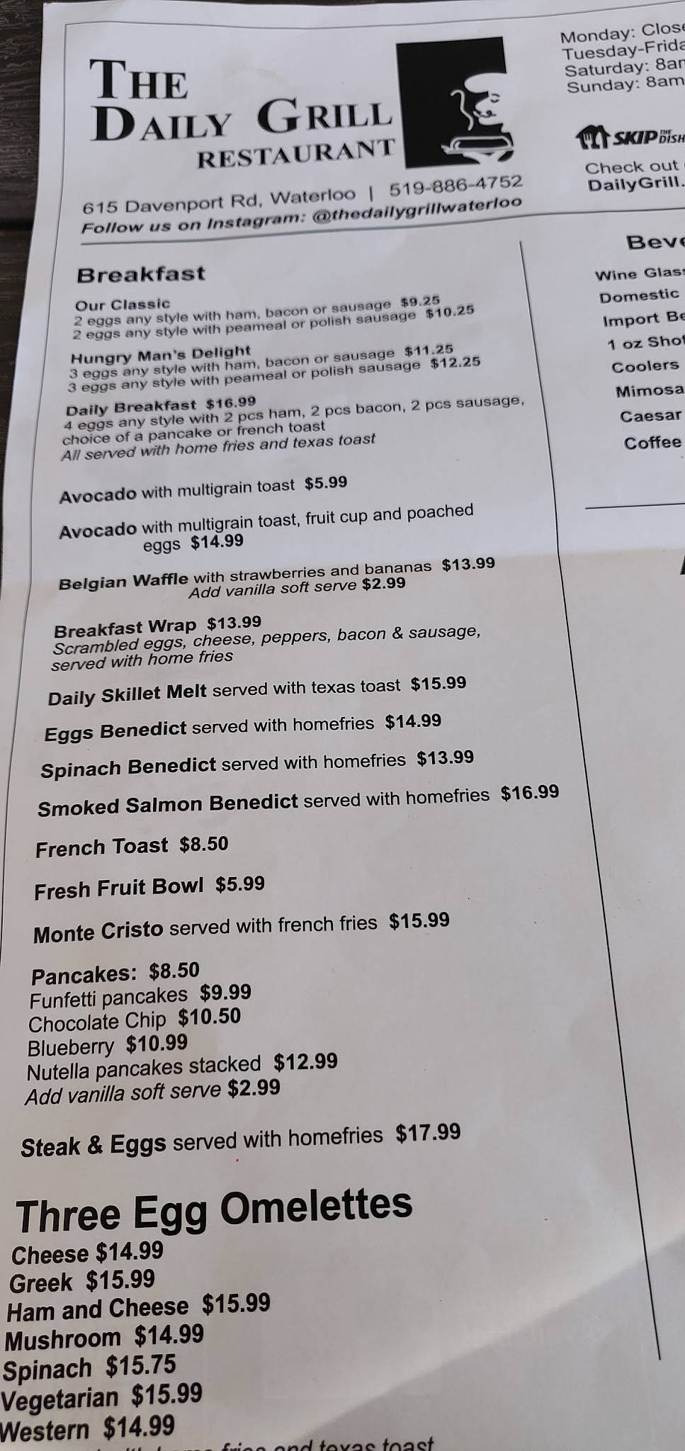 Menu at Daily Grill Restaurant, Waterloo